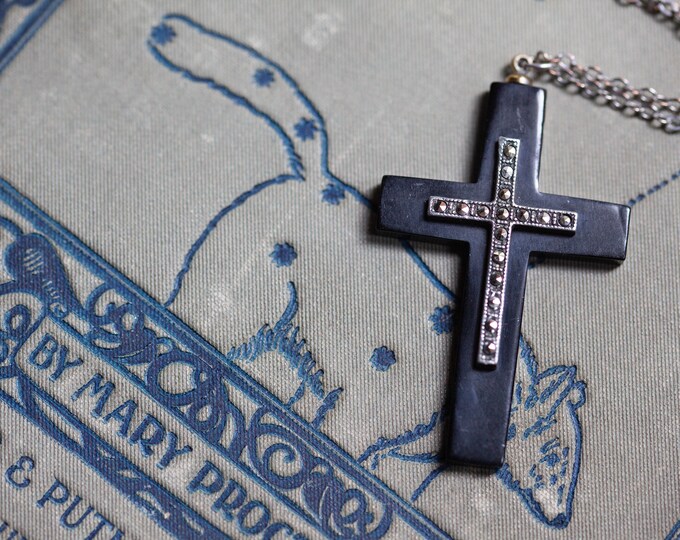 Black Bakelite & Marcasite Cross, Black Bakelite Cross Necklace ...