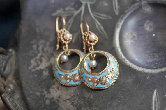 14k Victorian Revival Robins Egg Blue Enamel Earrings… Gem