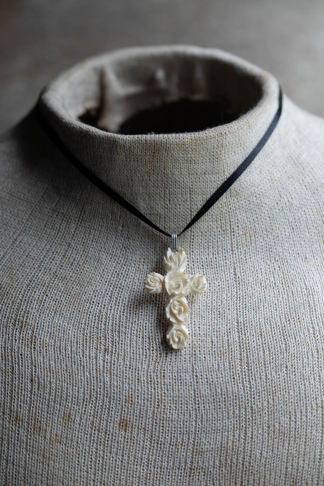 Vintage Carved Bovine Bone Rose Cross Pendant • Victorian-style ...