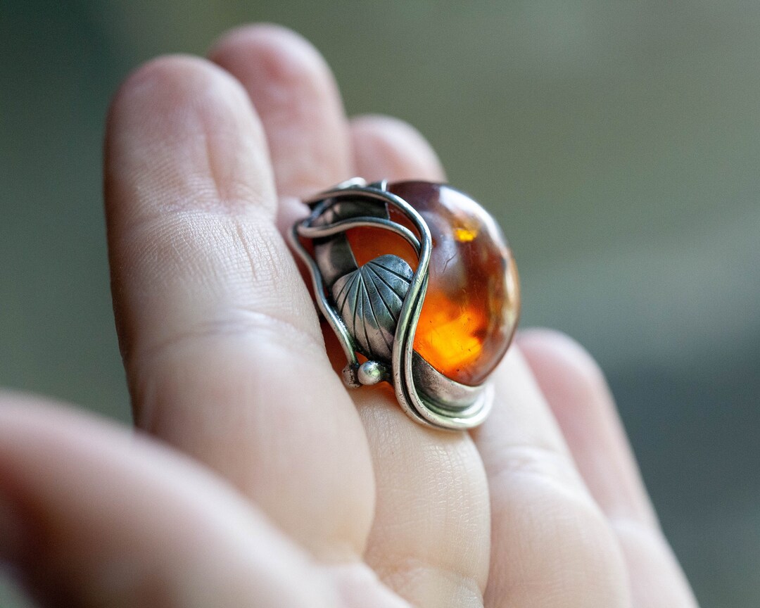 Chunky Vintage Amber Sterling Ring, Vintage Handmade Amber Ring, 1970's ...
