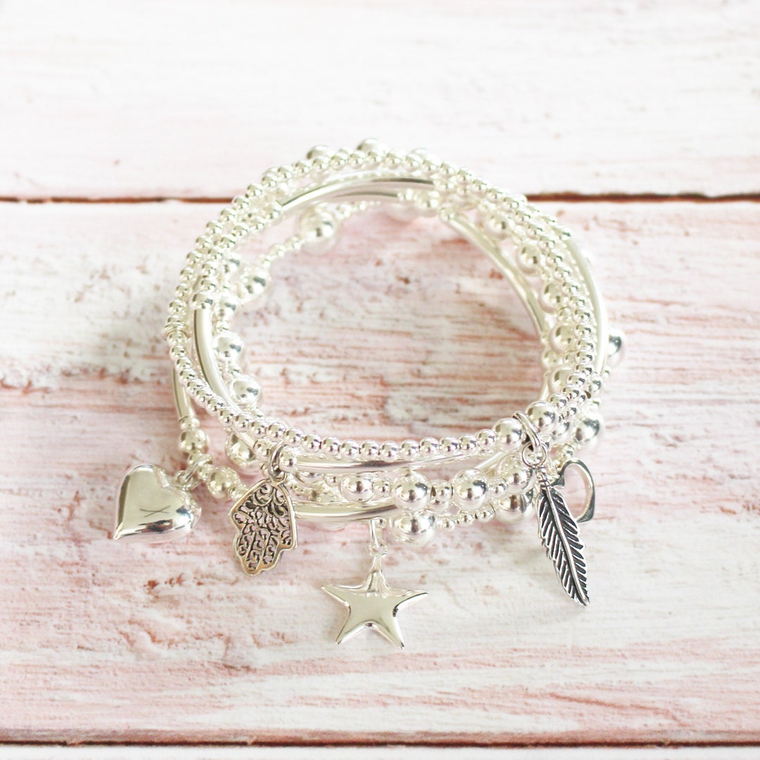 Stacking Bracelets, 925 Sterling Silver Stack of 5, Feather Charm ...