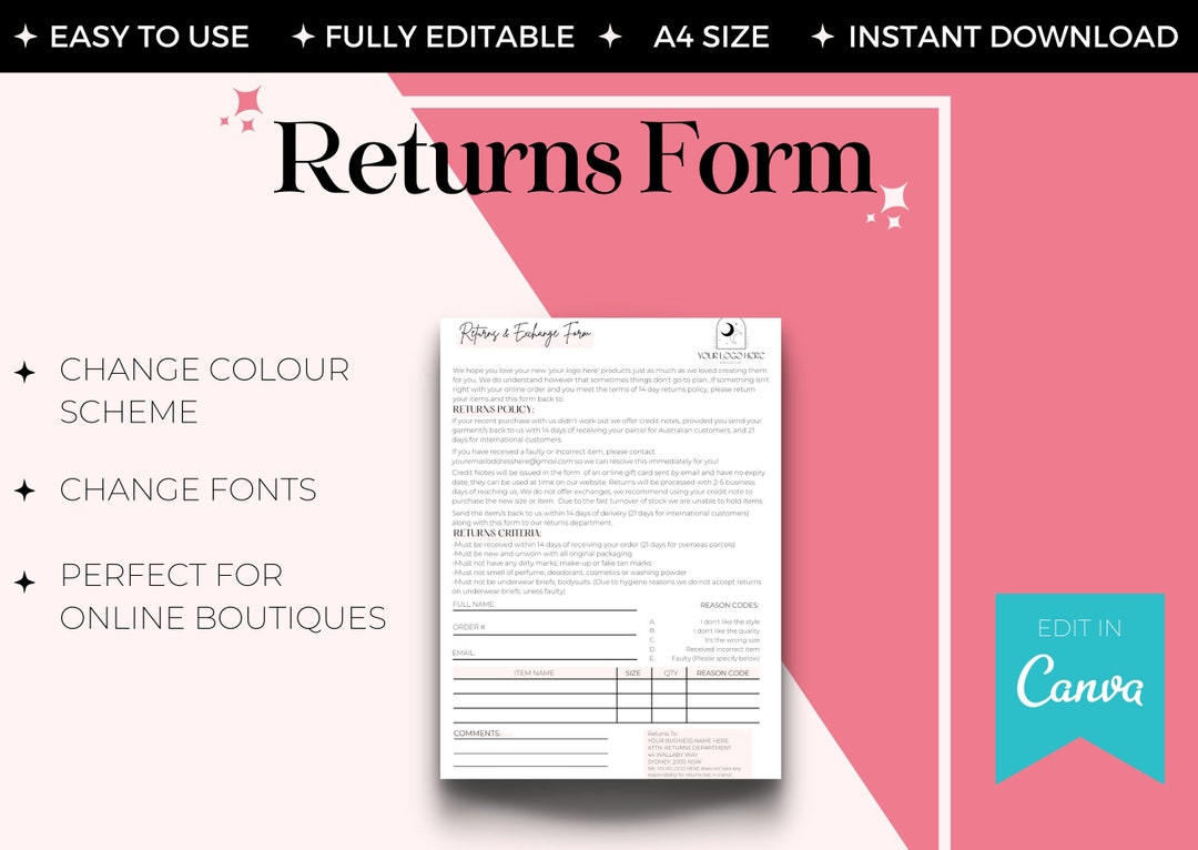 Return of Goods Form, Return Form, Merchandise Return Form, Fashion ...