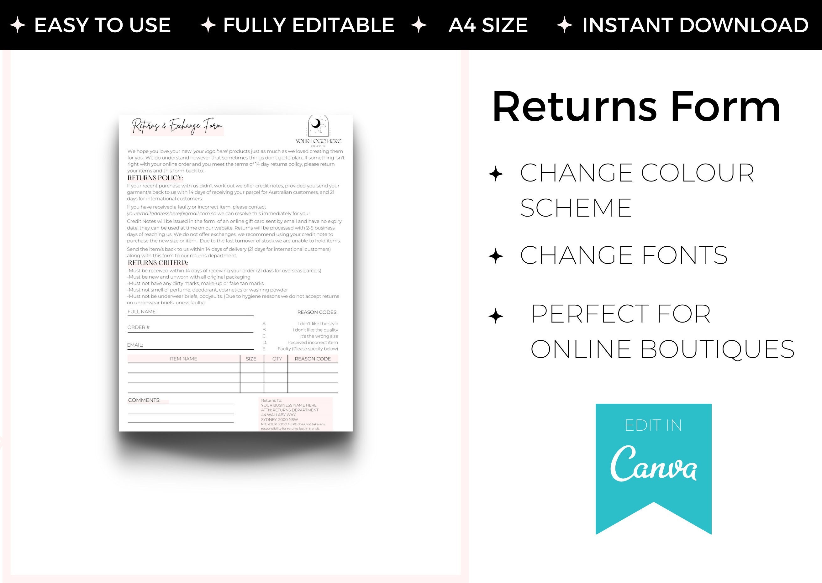Return of Goods Form, Return Form, Merchandise Return Form, Fashion ...