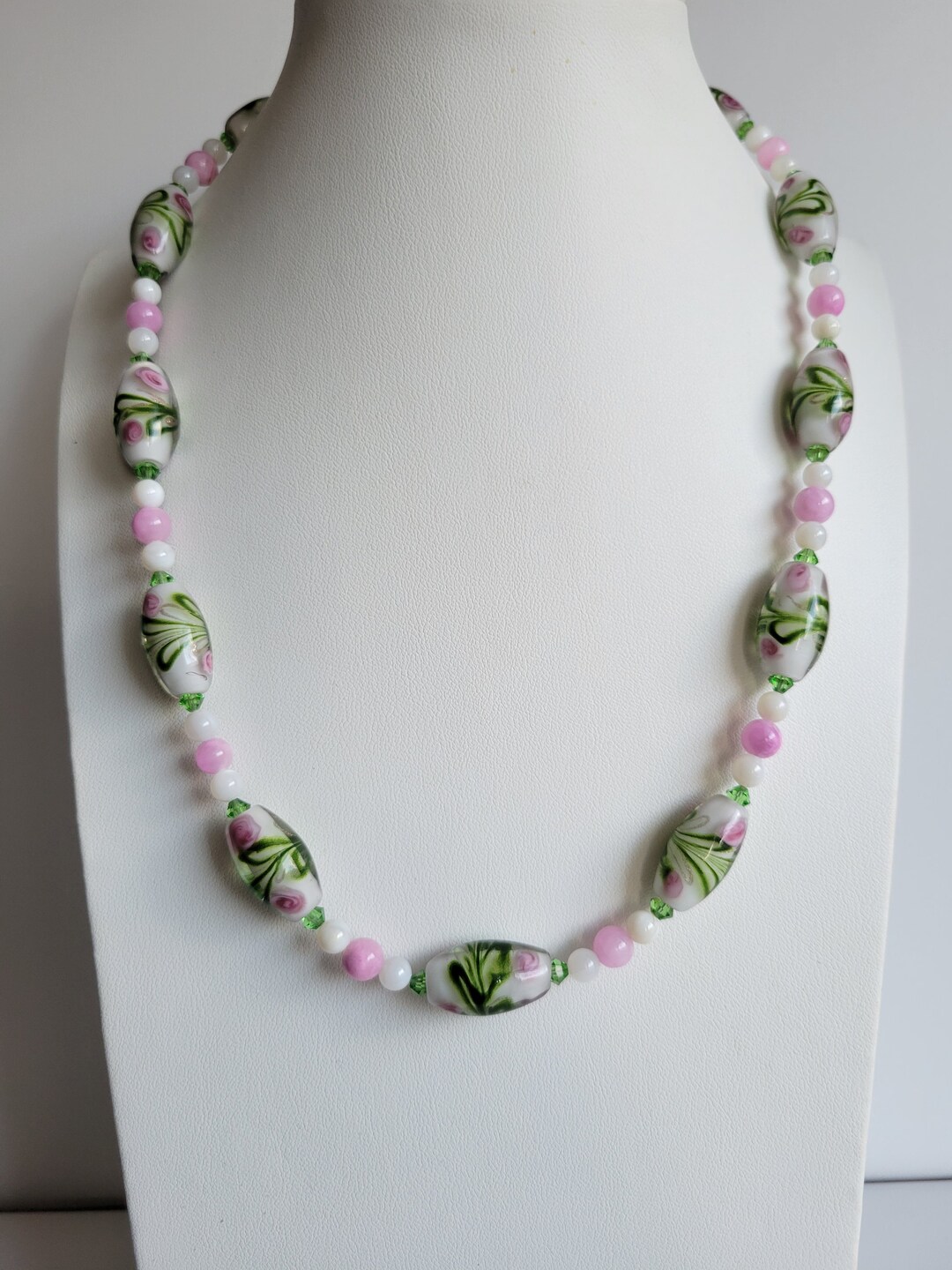 Pink Clear Lampworked Glass Flowers, Crystal, Jade, MOP & Sterling 20 ...