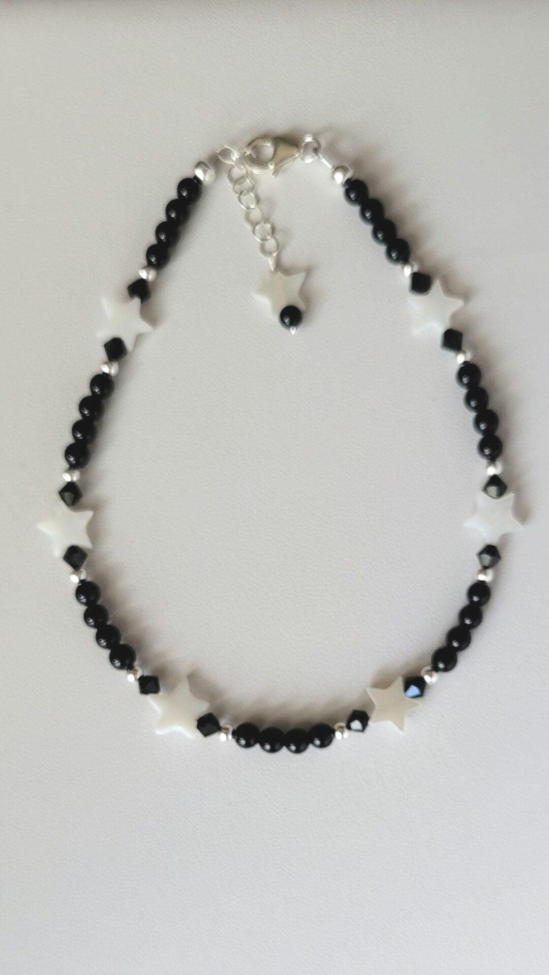 Black Onyx, White MOP Stars, Crystal & Sterling Silver Anklet #2502 - Etsy