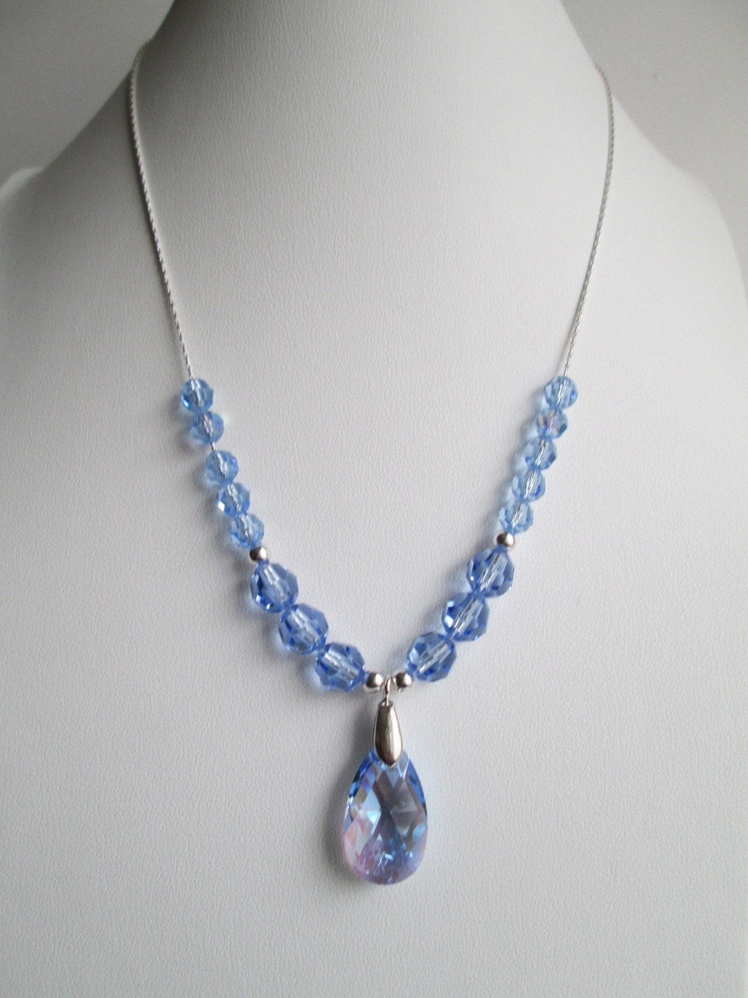 Lt. Sapphire blue Swarovski Crystal Beaded Teardrop Pendant & Sterling ...