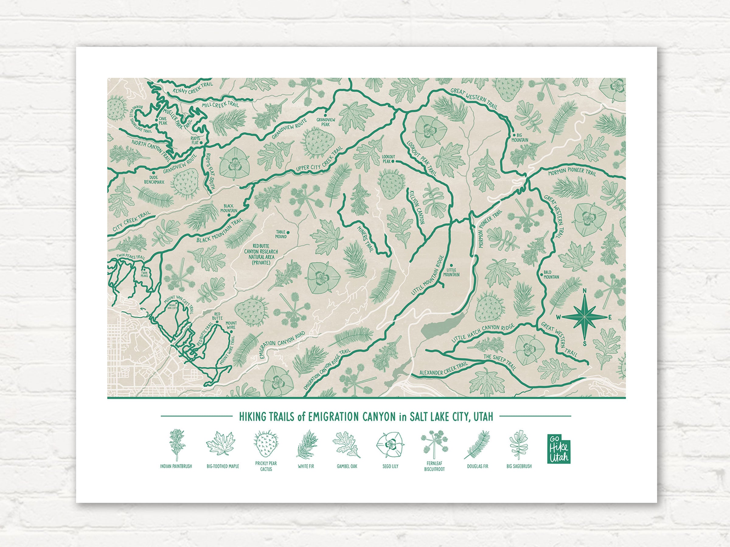 Emigration Canyon Hiking Trail Map print Only Salt Lake City, Utah ...