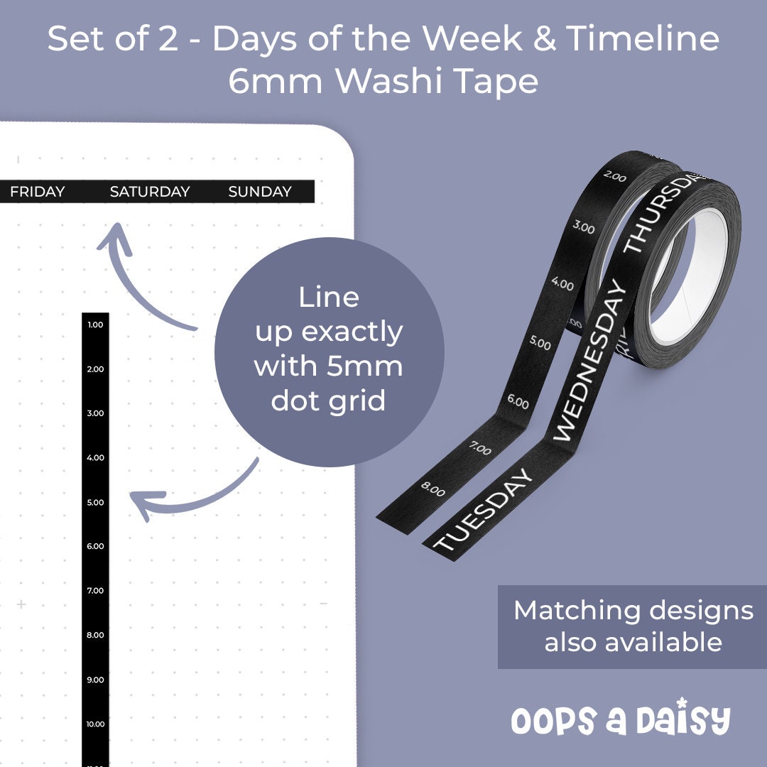 Days of the Week and Timeline Set of 2 Black Skinny Washi Tape ...