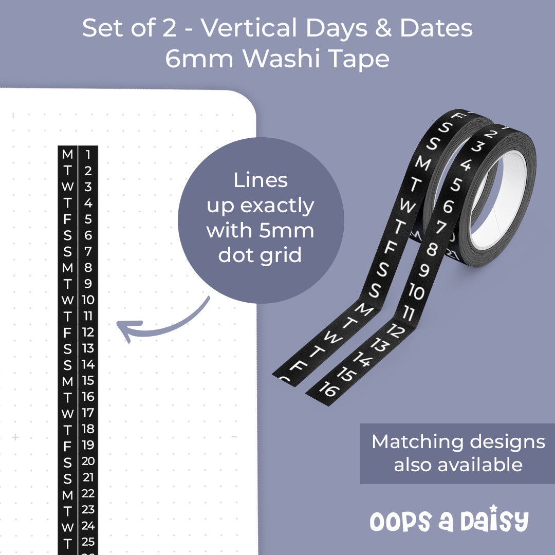 Vertical Days & Numbers - Skinny Washi Tape (black) - Etsy
