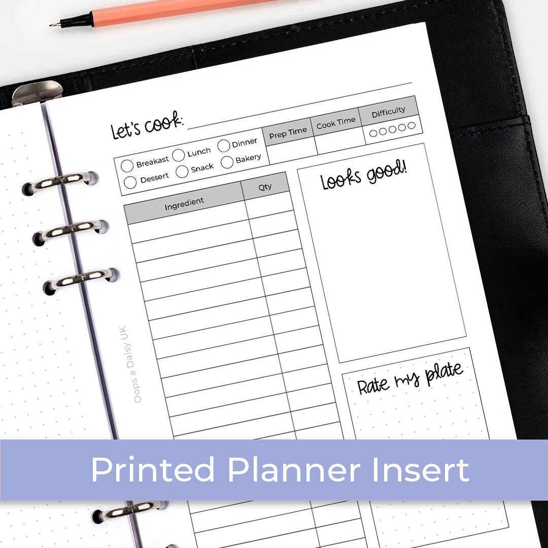 Recipe Planner Inserts A5 - Recipe Cards for A5 Planner / Filofax (6 ...