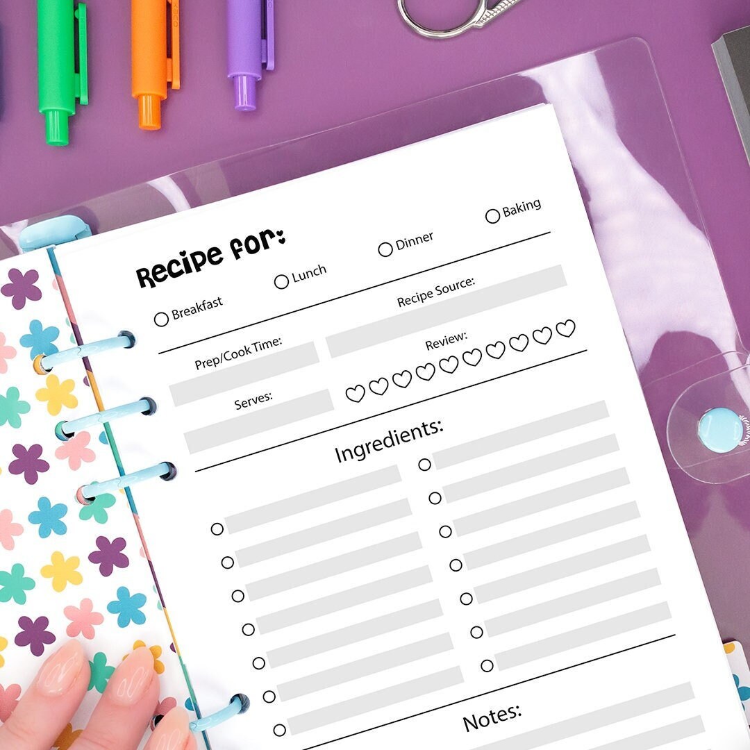 Recipe Planner Inserts A5 Recipe Cards for A5 Planner / Filofax 6-ring ...