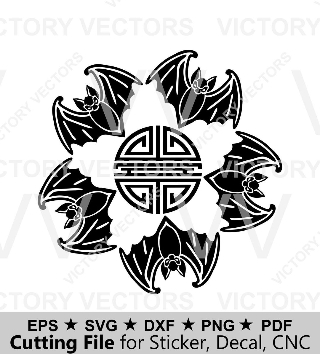 Chinese Feng Shui Five Blessings SVG | Five Bats Long Life Shou Symbol ...