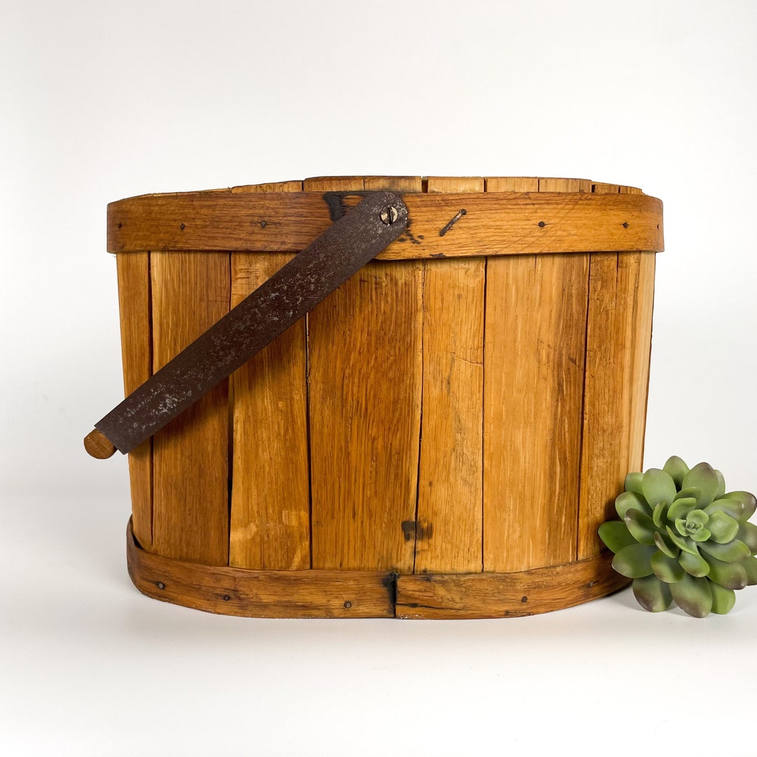 Vintage Wooden Slat Basket With Metal Handle for Farmhouse Decor and ...