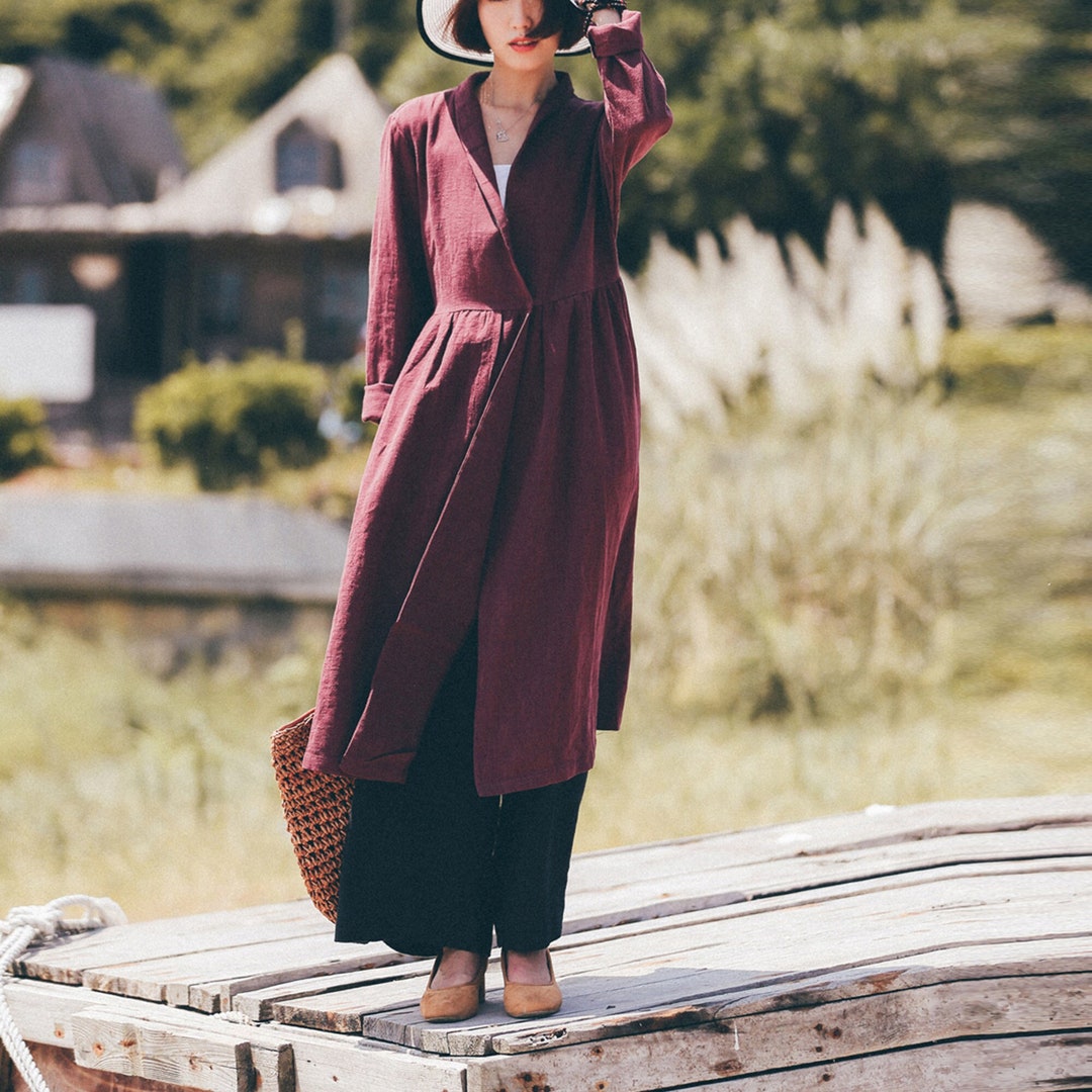 Burgundy Linen Duster Coat: Vintage Style Wrap Jacket With Belt - Etsy