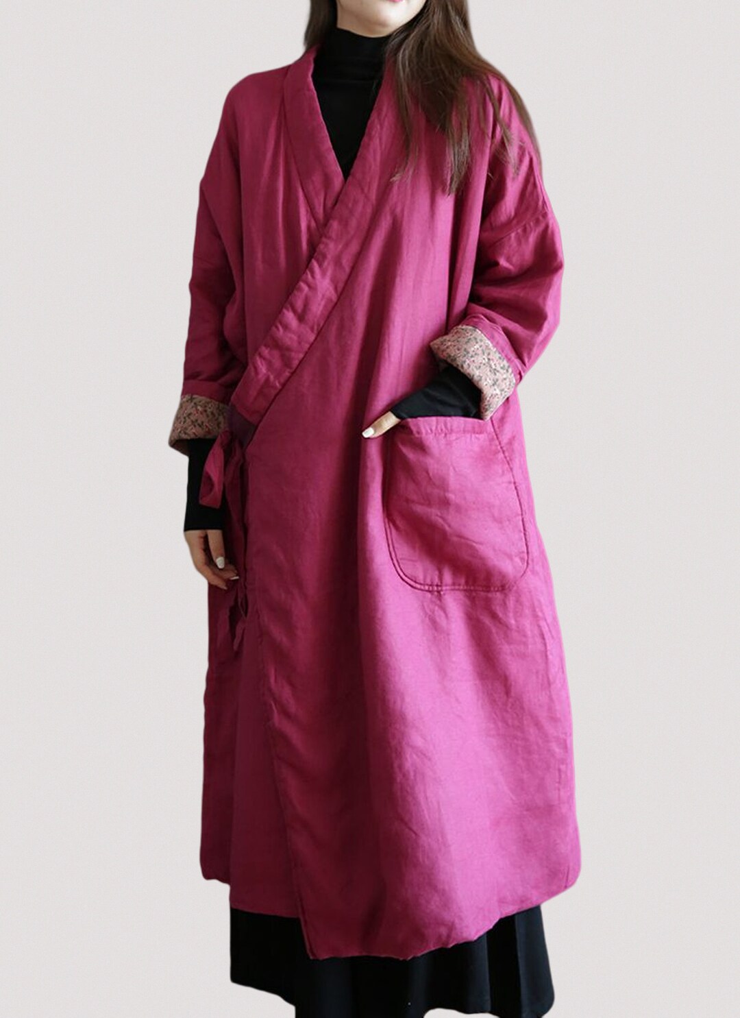 Women's Pink Maxi Coat With Pockets, Kimono Coat Winter Warm Linen ...