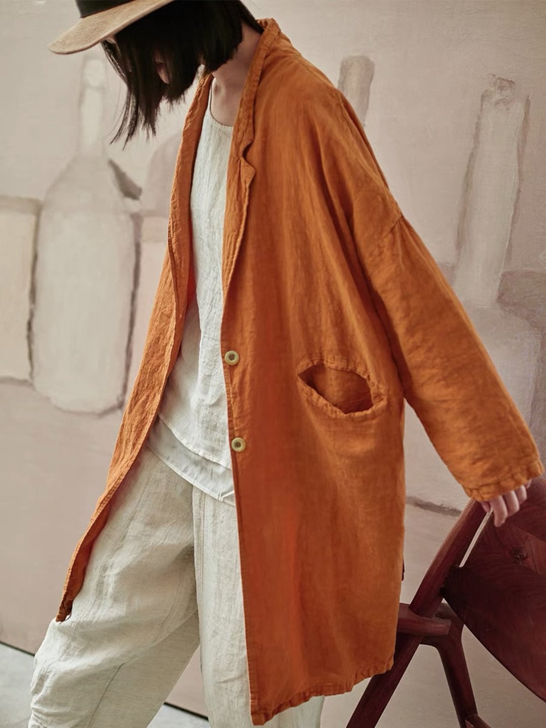 Loose Linen Duster Coat – Vintage Style, Pockets, Kimono Sleeves ...