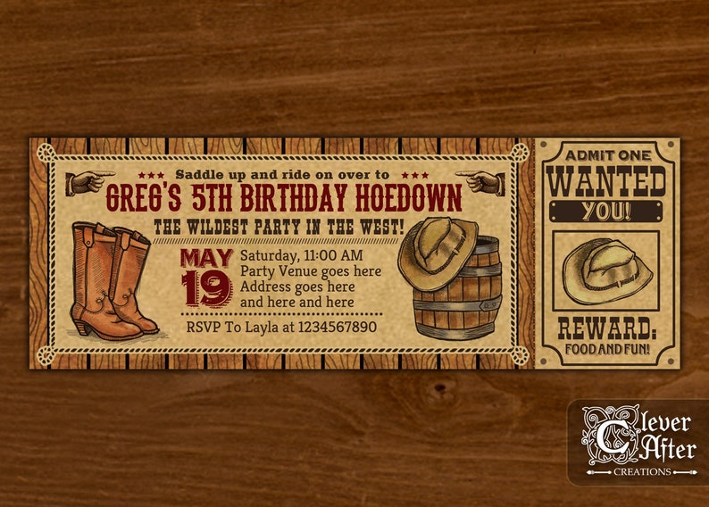 Cowboy Ticket Invitation County Hoedown Vintage Invite Western - Etsy