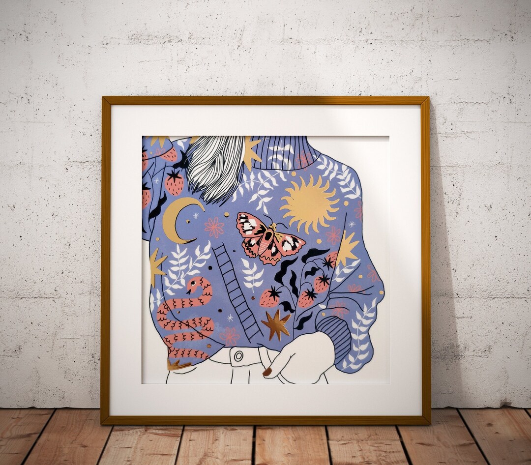 Carte postale illustration femme pull doré format carré - Etsy France