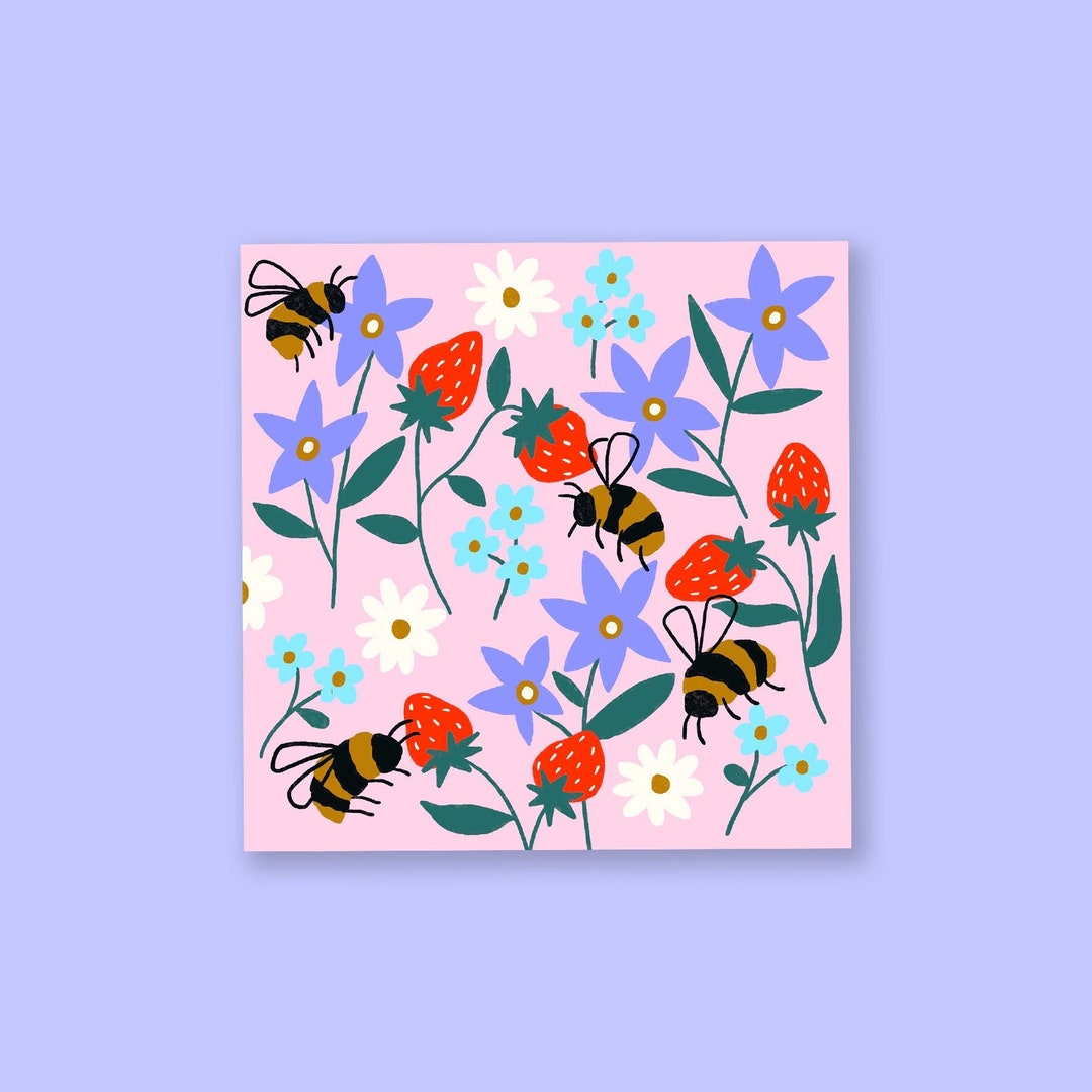 Bee, Strawberry and Flowers Card to Offer - Etsy