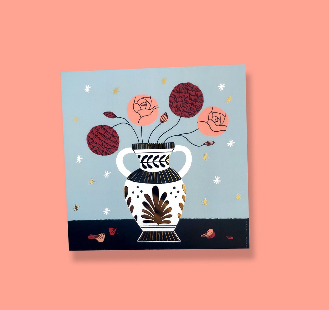 Illustration Card Vase Gold and Roses - Etsy