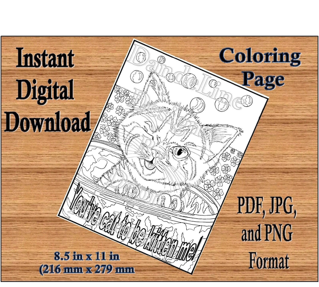 Instant Download, Digital Coloring Page, Kitten in a Bucket, Funny ...