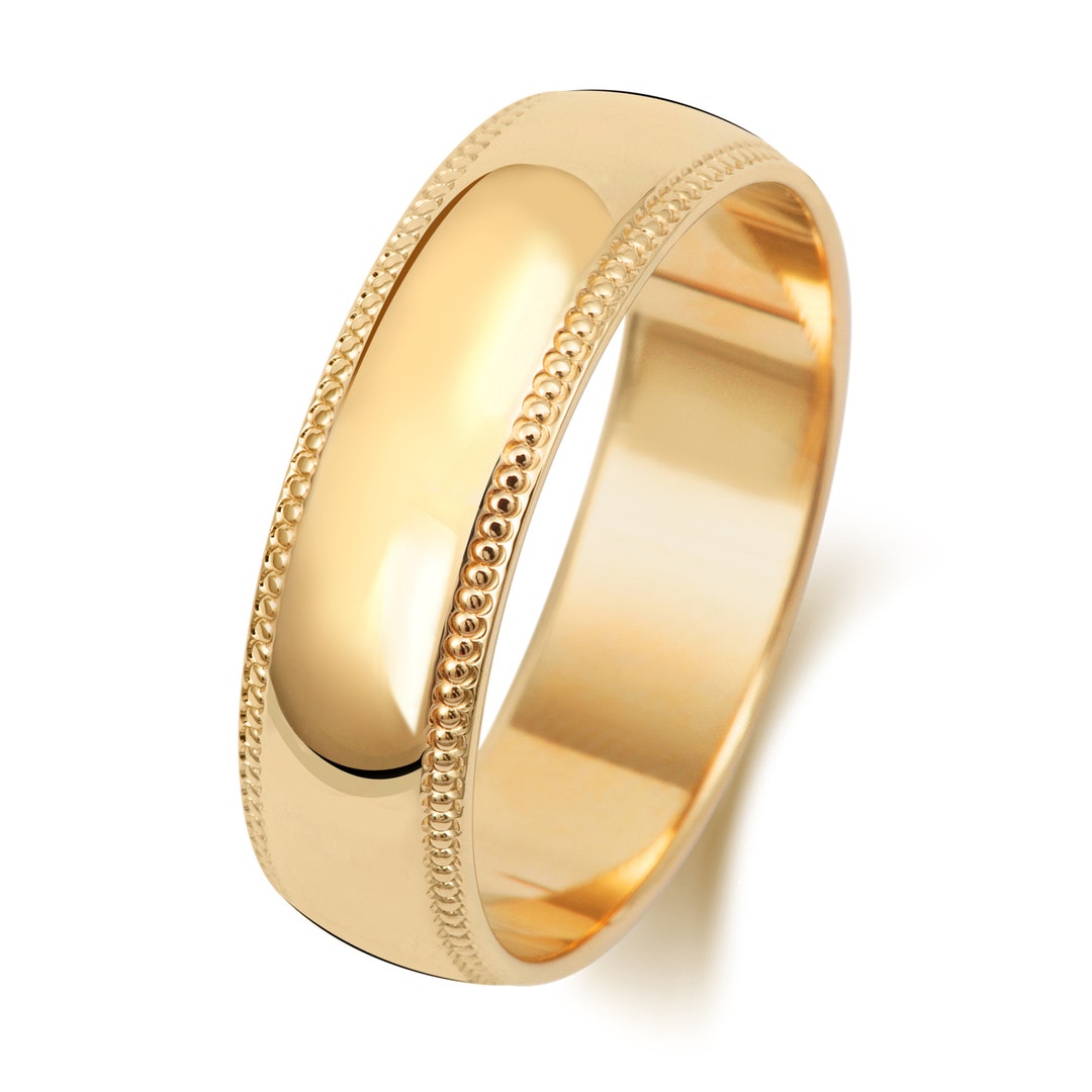 9ct Yellow Gold Milgrain Pattern Wedding Band, 9k Yellow Gold Court ...