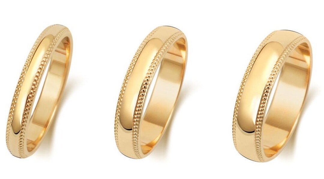 9ct Yellow Gold Milgrain Pattern Wedding Band, 9k Yellow Gold Court ...