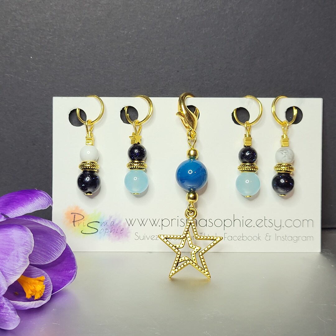 Star Stitch Markers, Set of 5 Markers With Blue Sandstone, Jade, Agate ...