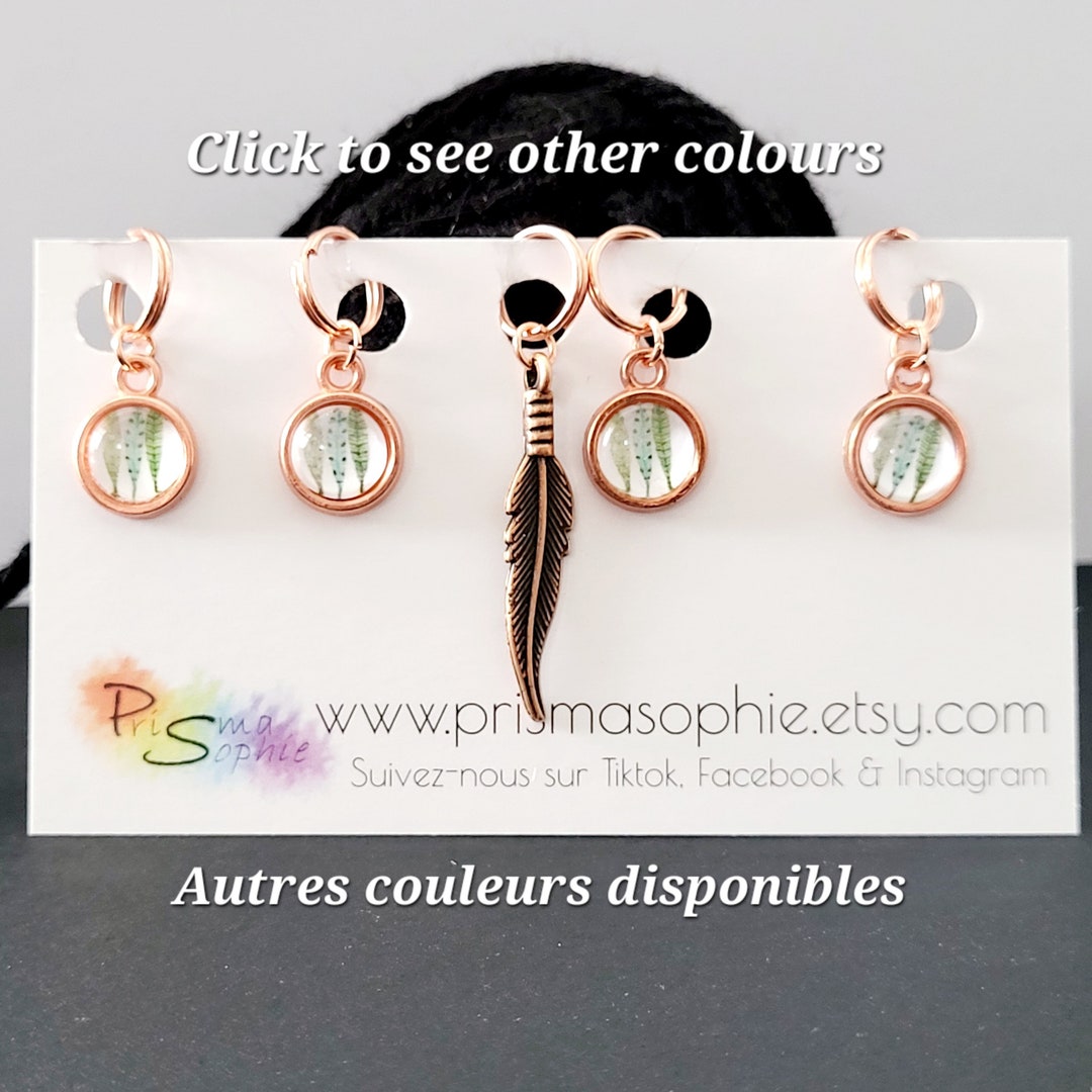 Feather Stitch Markers, 5 Cabochon Style Markers With Feathers, Rings ...