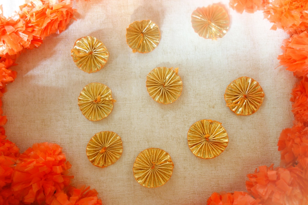 Set of 23 Golden Colour Gota Flowers, Round High Quality Indian Gota ...