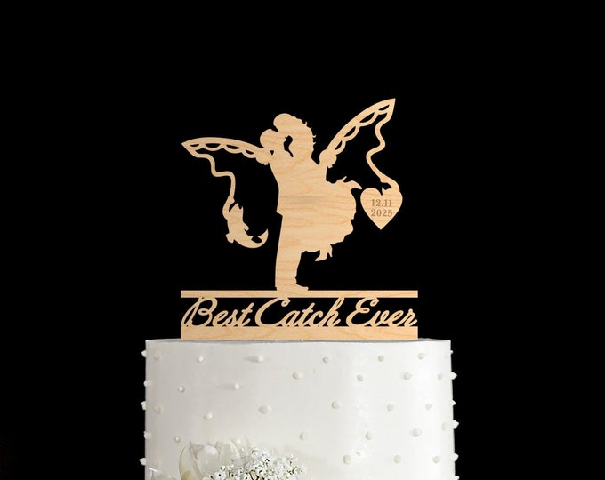 Best Catch Ever Cake Topper, Groom Pulling Bride Cake Topper, Fishing ...