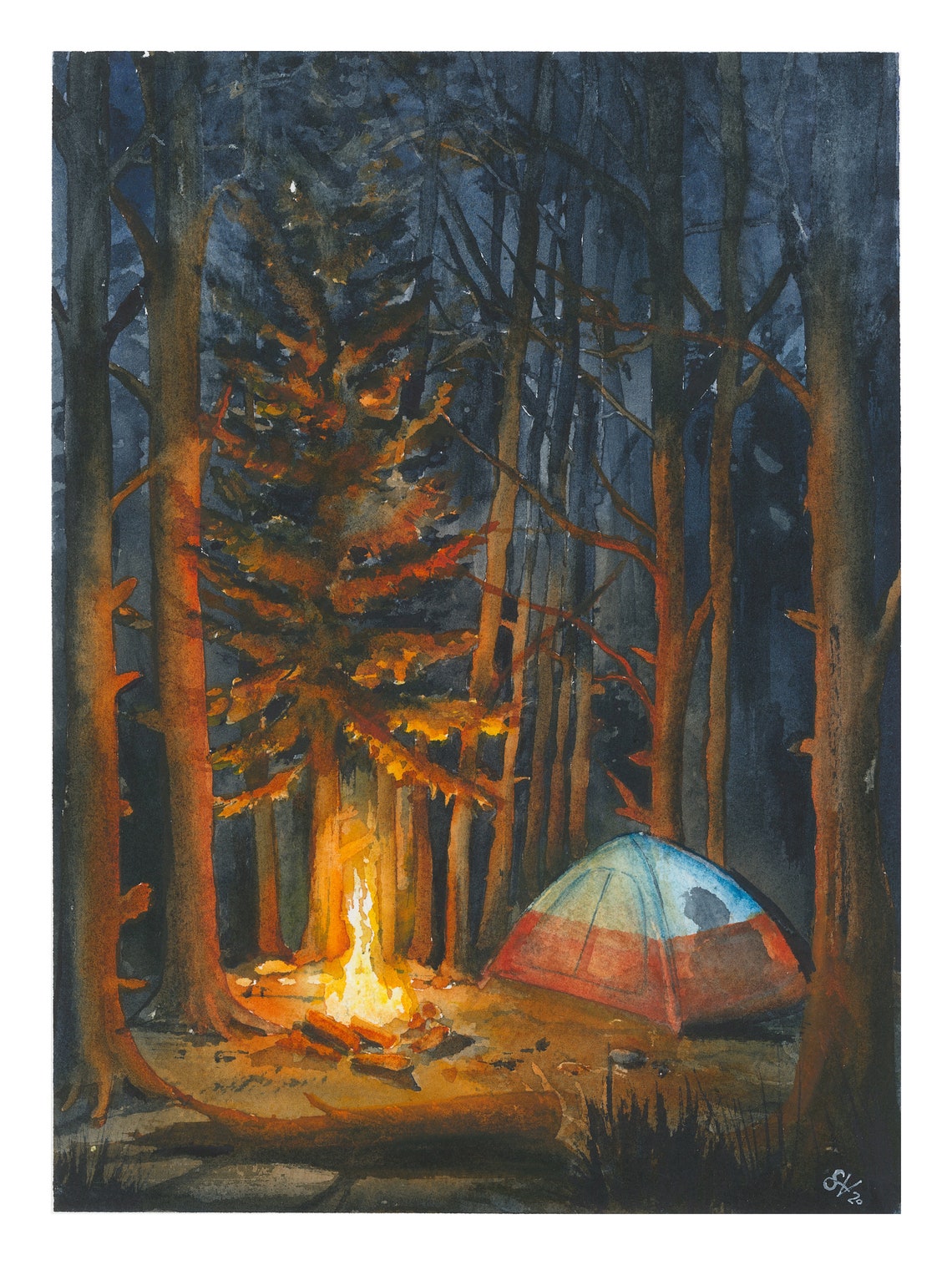 Watercolor Campfire Print | Etsy