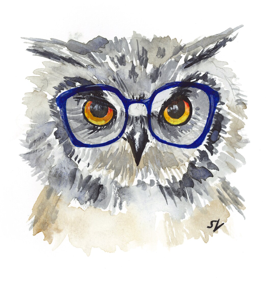 Watercolor Hipster Owl Print - Etsy