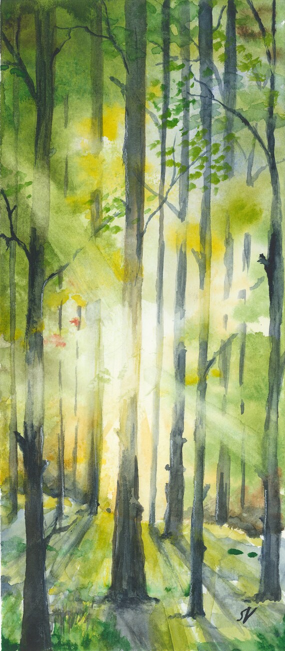 Watercolor Green Forest Sunrise Print - Etsy
