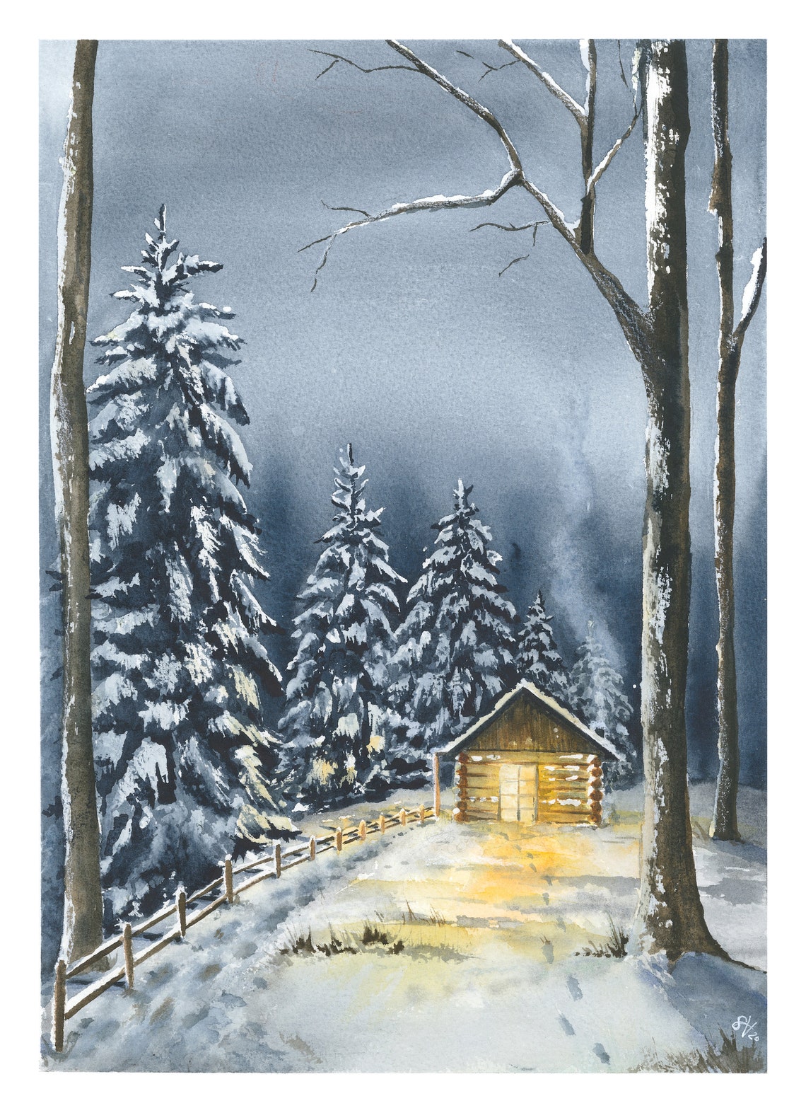 Watercolor Winter Cabin Print - Etsy