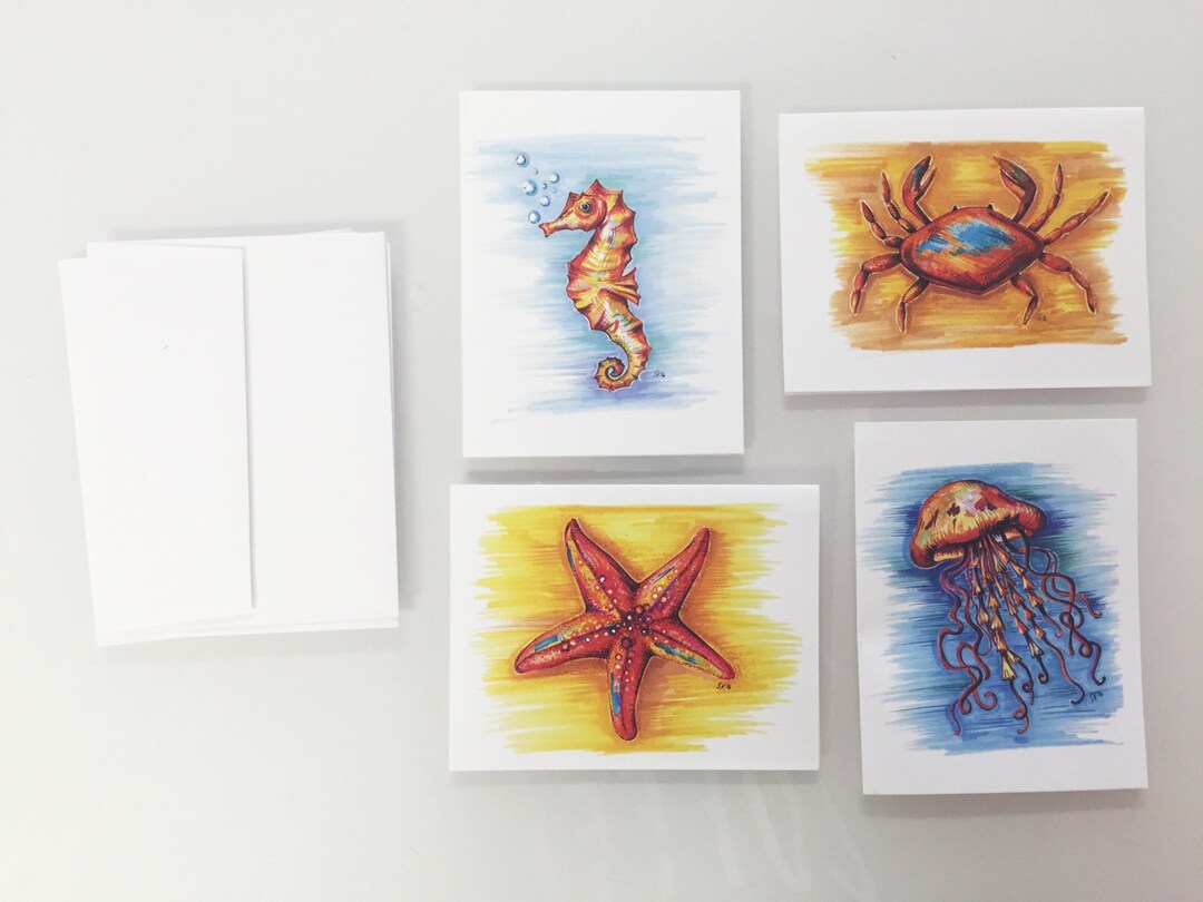 Card Set 4 Sea Creatures in Marker - Etsy