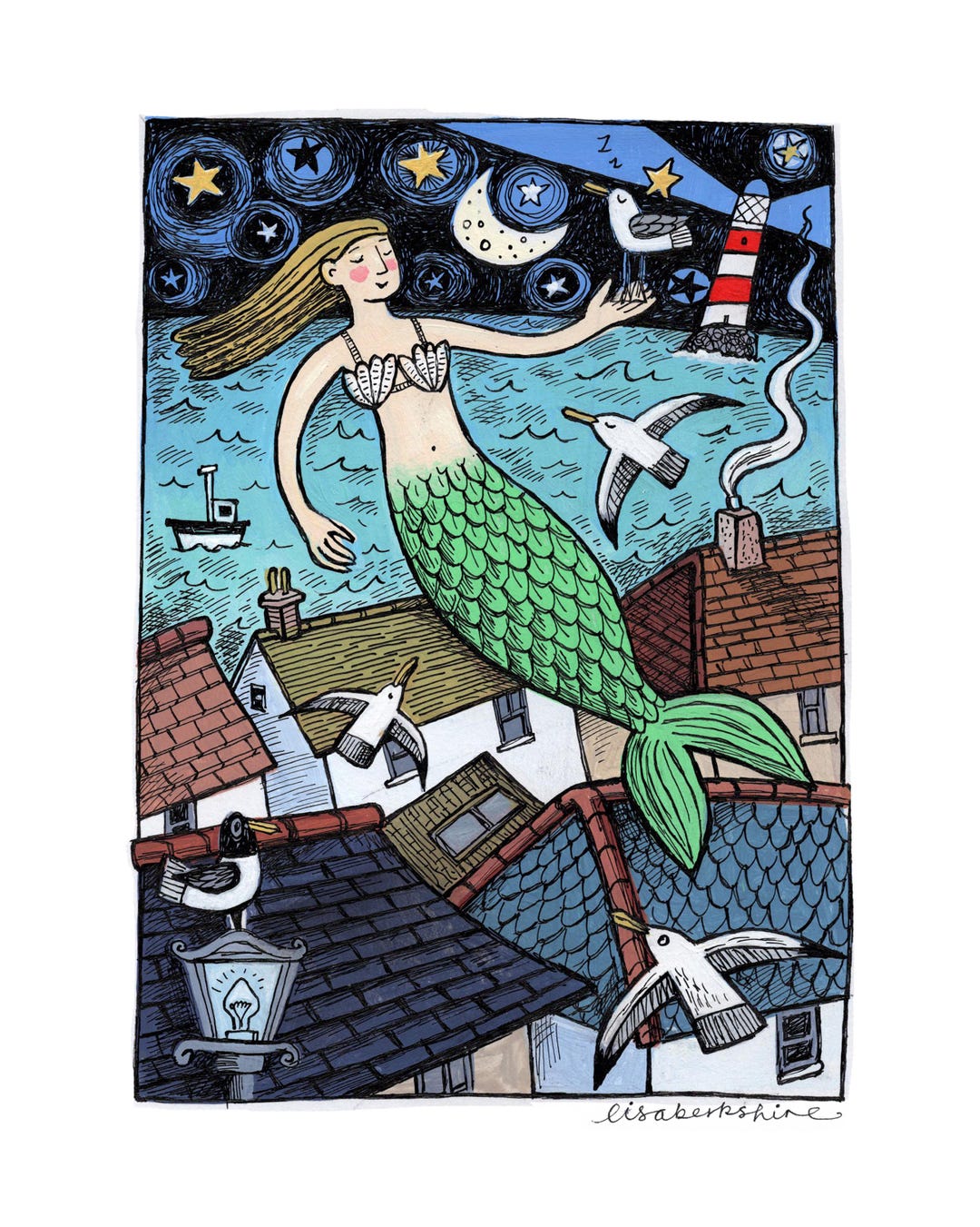 Flying Mermaid - Original Painted Artwork With Line in 12x10 Inch Mount ...