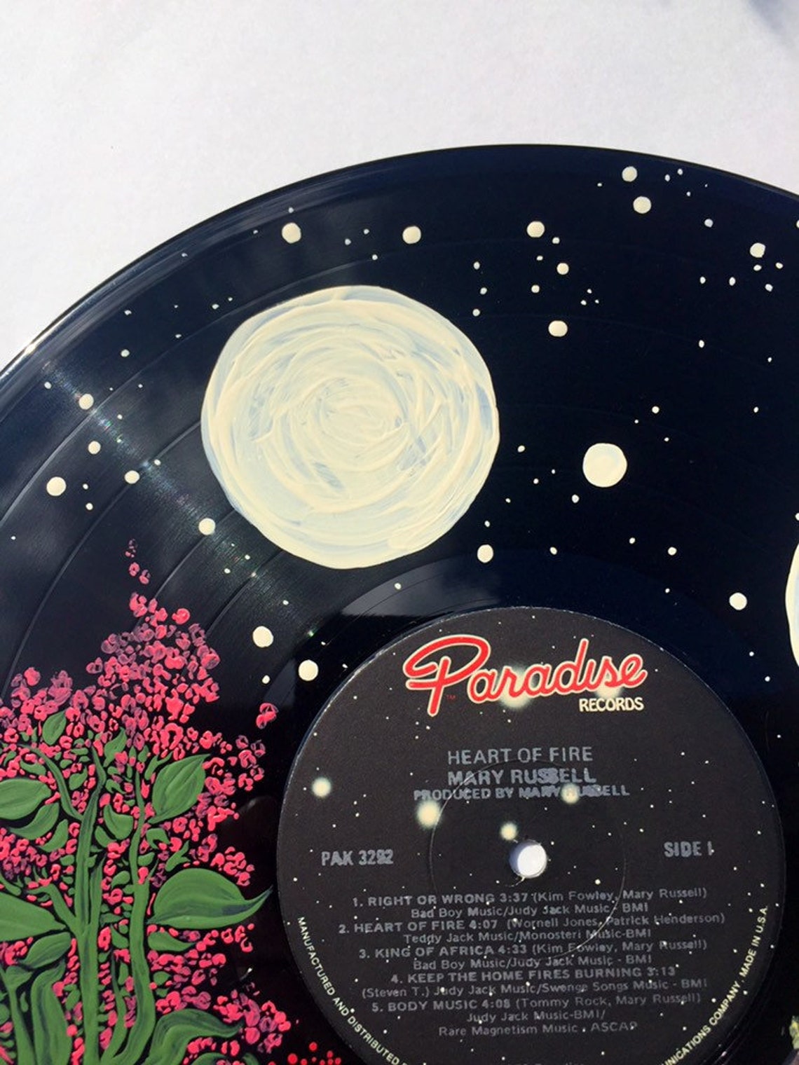 Hand Painted Vinyl Record White Celestial Design, Multicolor Floral ...