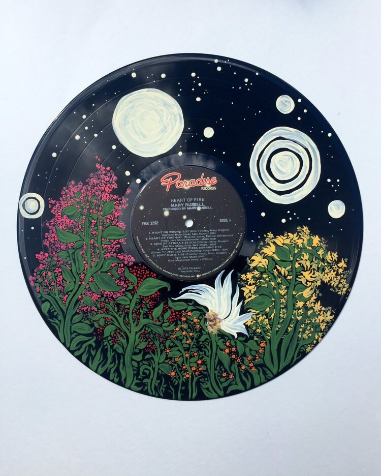 Hand Painted Vinyl Record White Celestial Design, Multicolor Floral ...