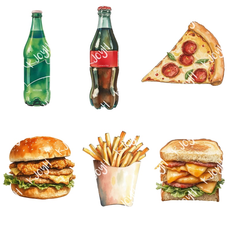 Watercolor Fast Food Clipart Bundle: 30 PNG Illustrations (digital ...