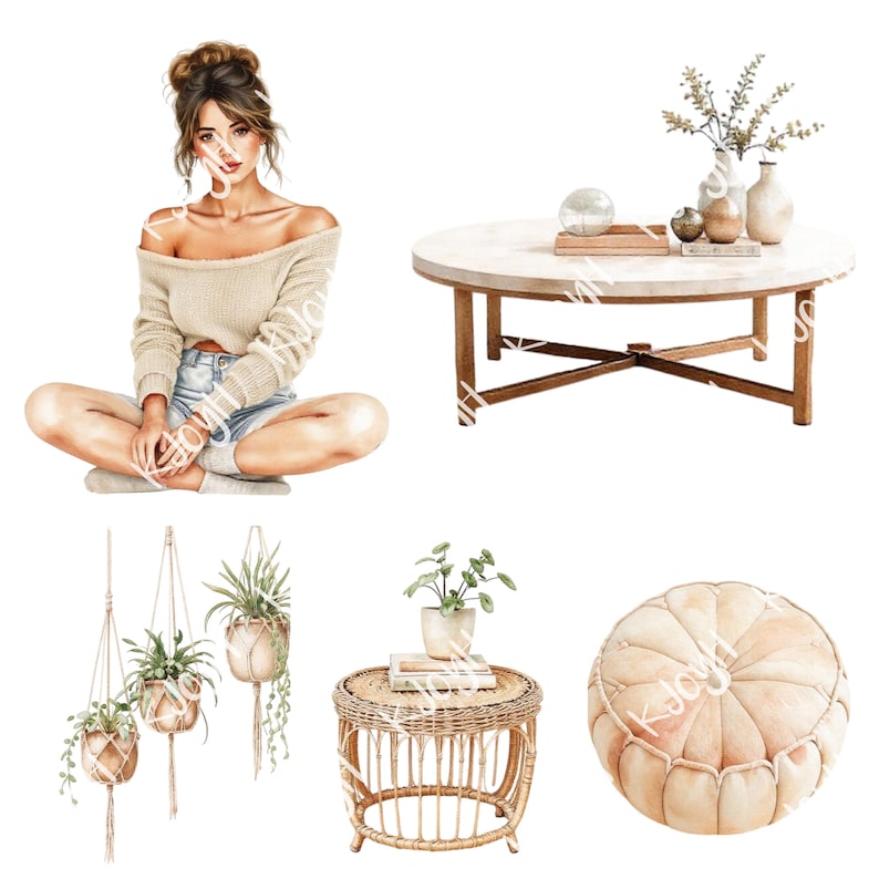 Watercolor Boho Cozy Home Living Clipart Bundle, 40 Transparent PNG ...