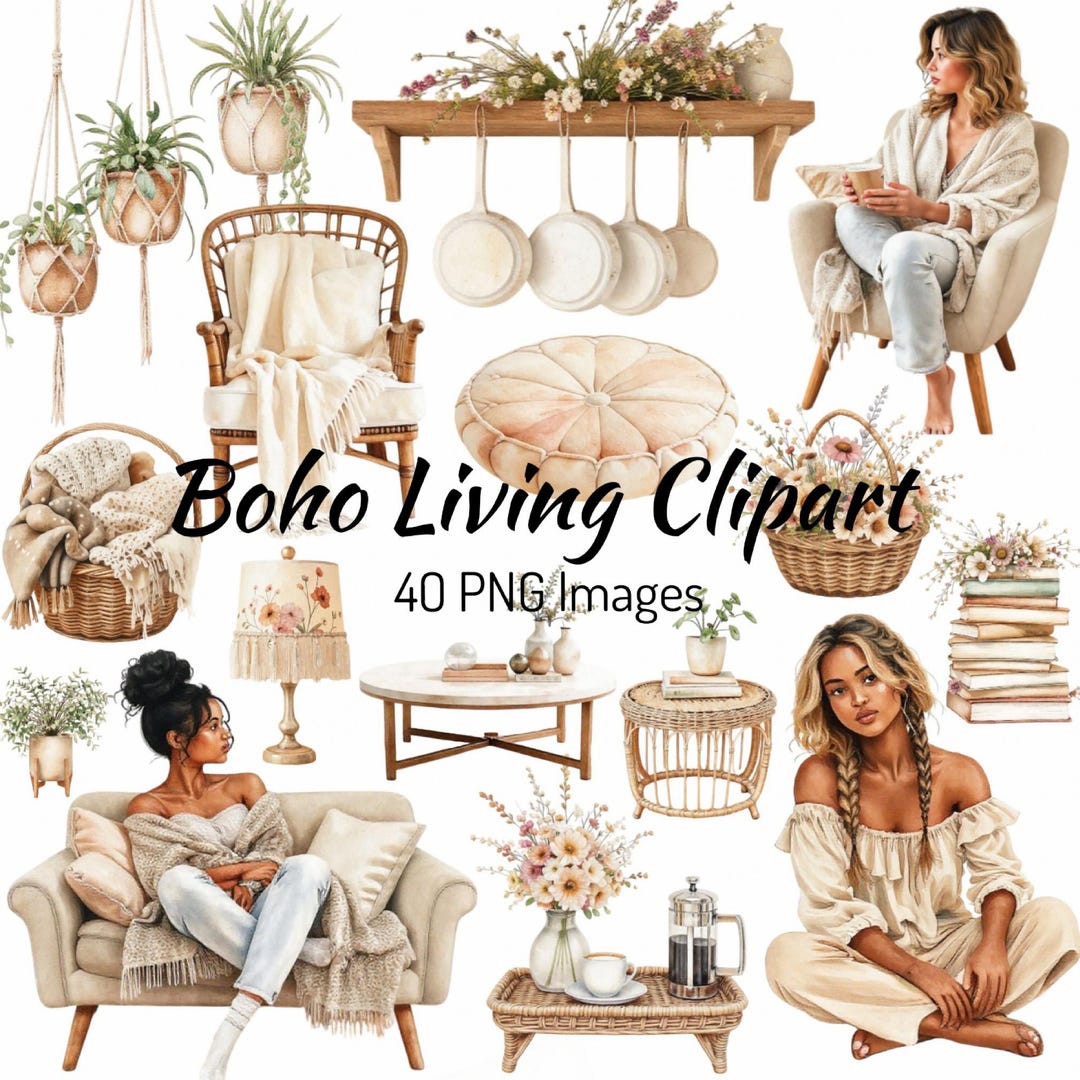 Watercolor Boho Cozy Home Living Clipart Bundle, 40 Transparent PNG ...