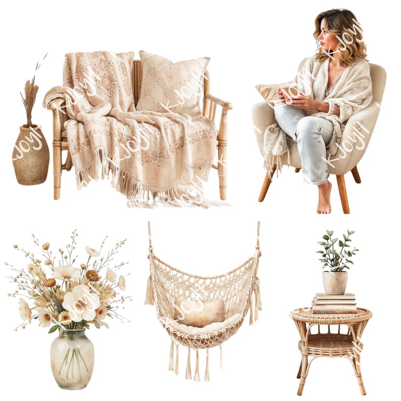 Watercolor Boho Cozy Home Living Clipart Bundle, 40 Transparent PNG ...