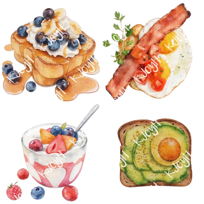 Watercolor Breakfast Clipart: Food Illustrations, Brunch Menu (30 PNG ...