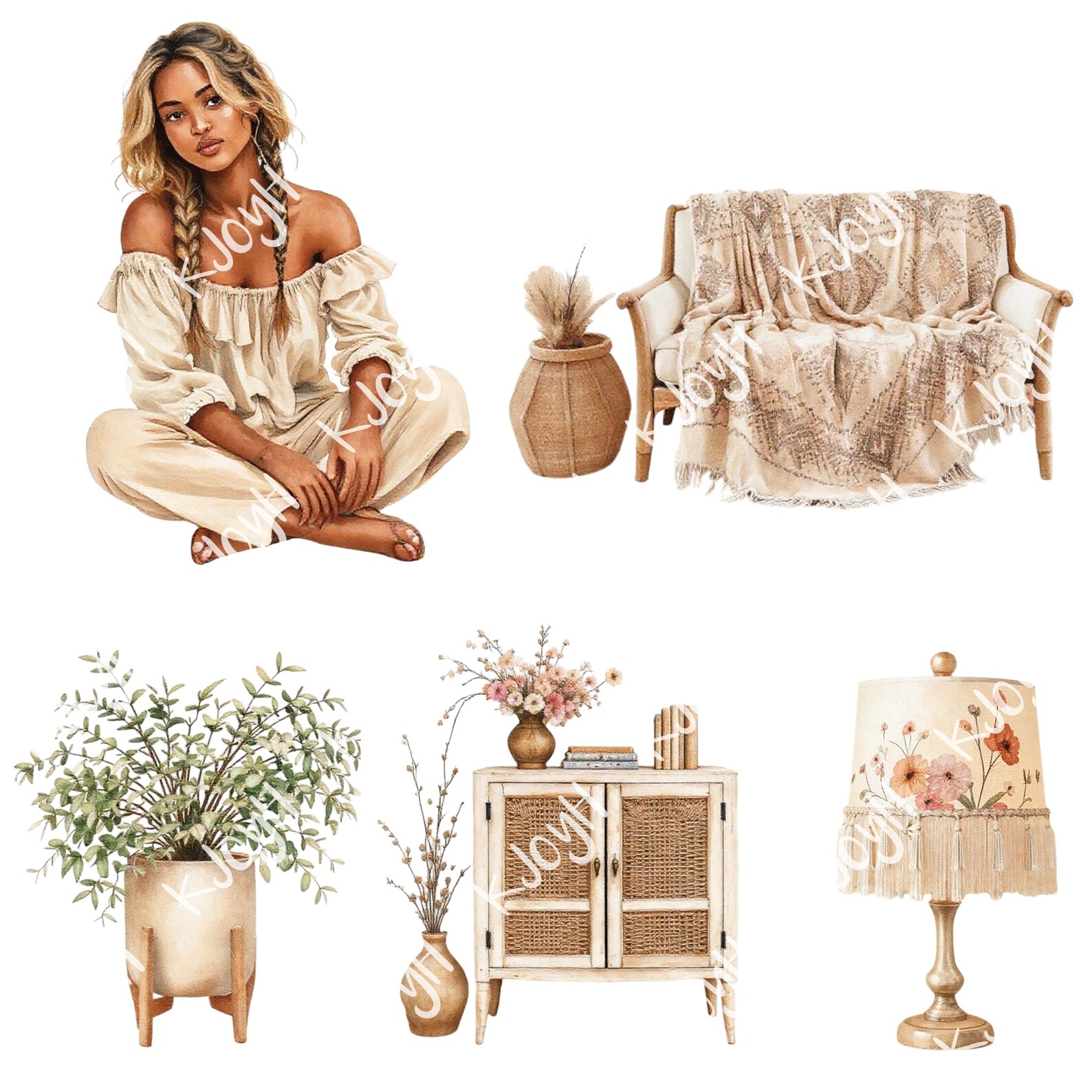 Watercolor Boho Cozy Home Living Clipart Bundle, 40 Transparent PNG ...