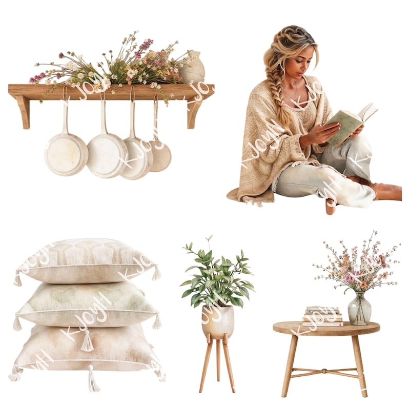 Watercolor Boho Cozy Home Living Clipart Bundle, 40 Transparent PNG ...