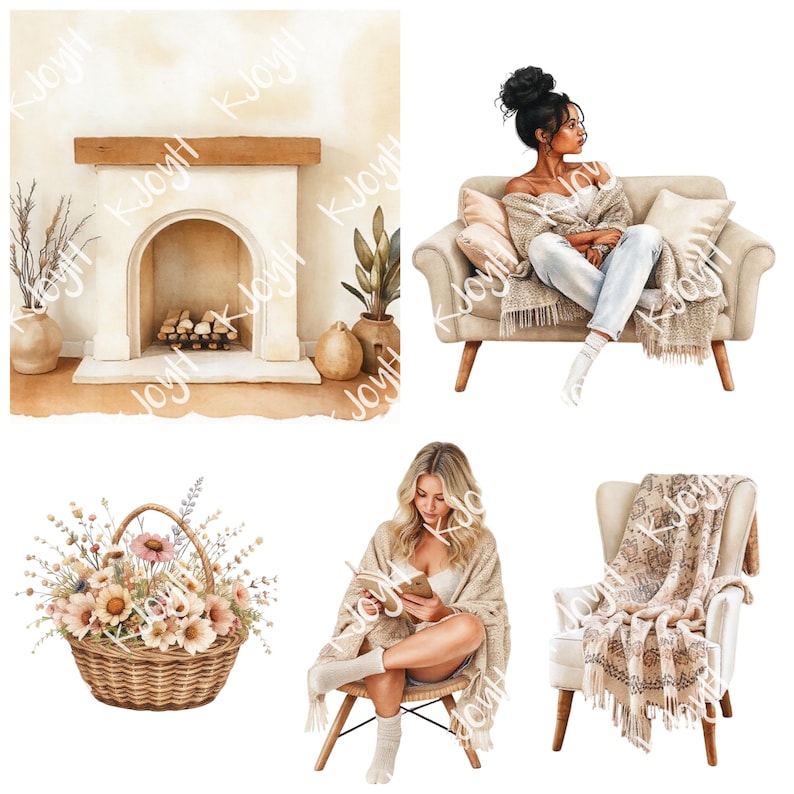 Watercolor Boho Cozy Home Living Clipart Bundle, 40 Transparent PNG ...