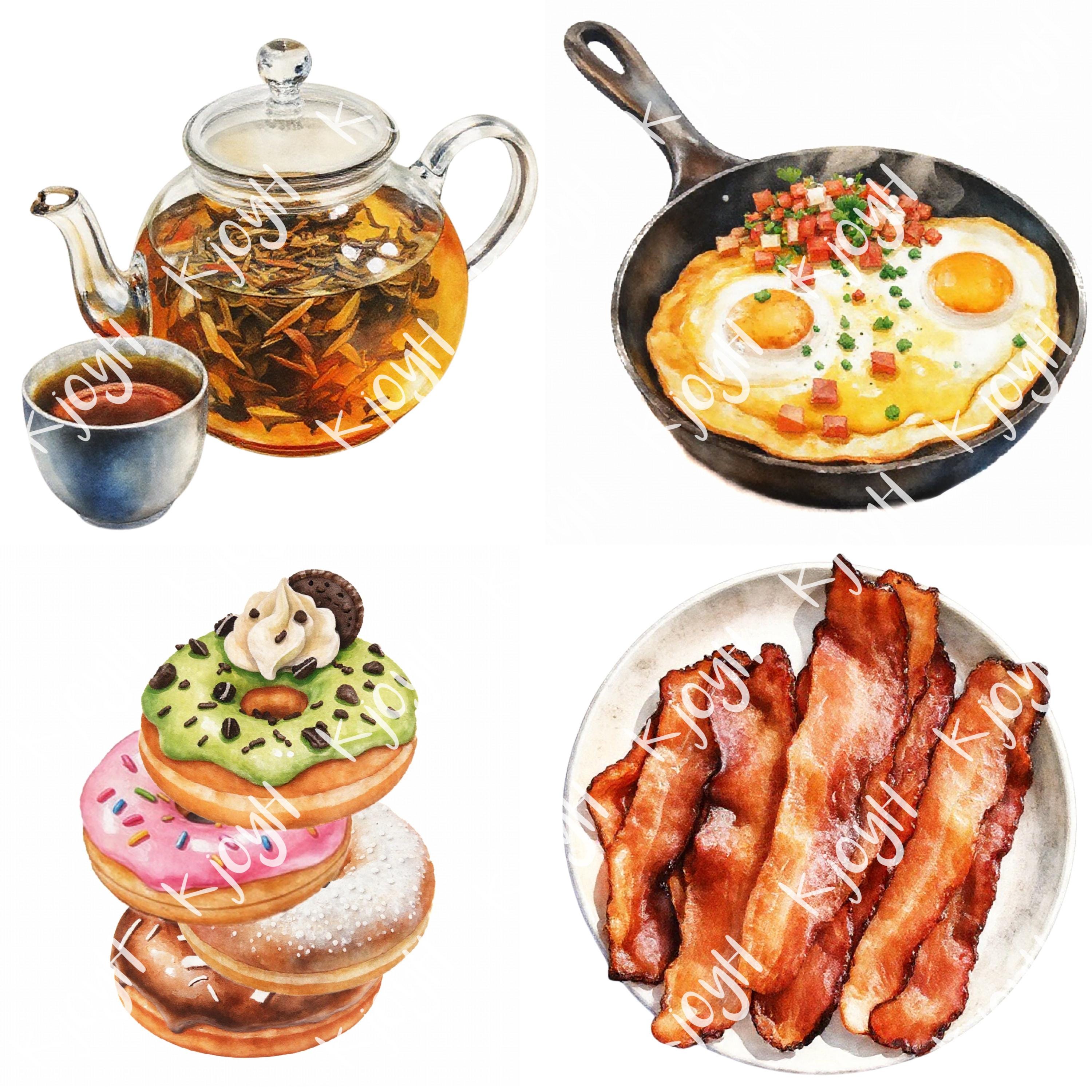 Watercolor Breakfast Clipart: Food Illustrations, Brunch Menu (30 PNG ...