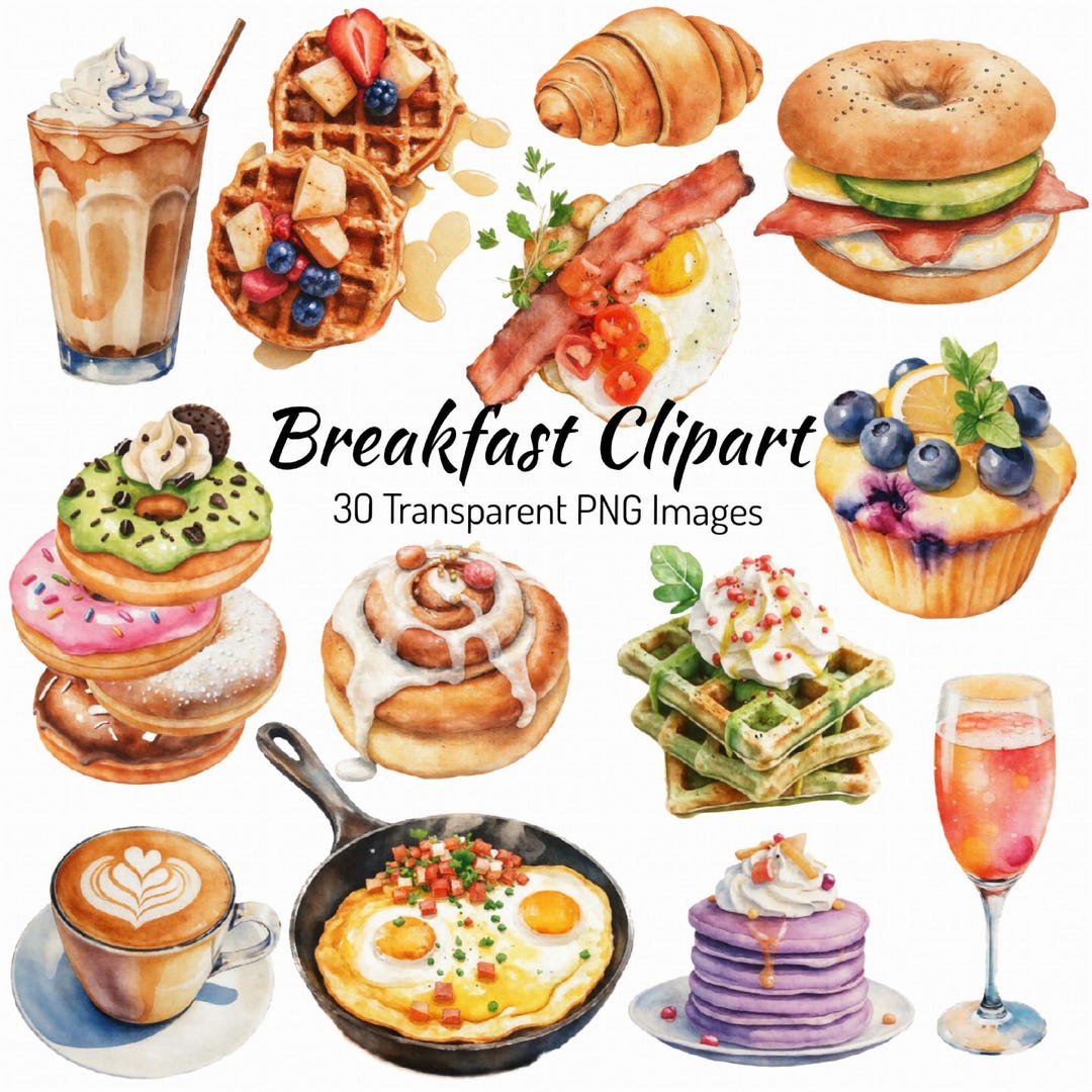 Watercolor Breakfast Clipart: Food Illustrations, Brunch Menu (30 PNG ...