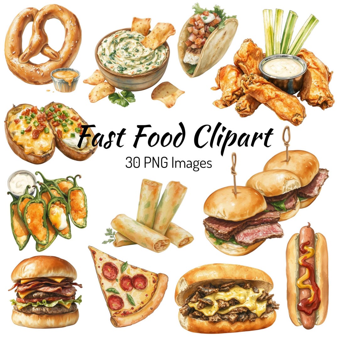 Watercolor Fast Food Clipart Bundle: 30 PNG Illustrations (digital ...